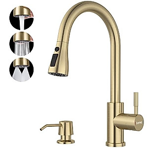 DAYONE Champagne Gold Kitchen Faucet with Soap Dispenser, Brushed Gold Kitchen Sink Faucet with Pull Down Sprayer 3 Modes, Gold Stainless Steel Faucet for 2 Holes Kitchen Sink, DAY-CR0016