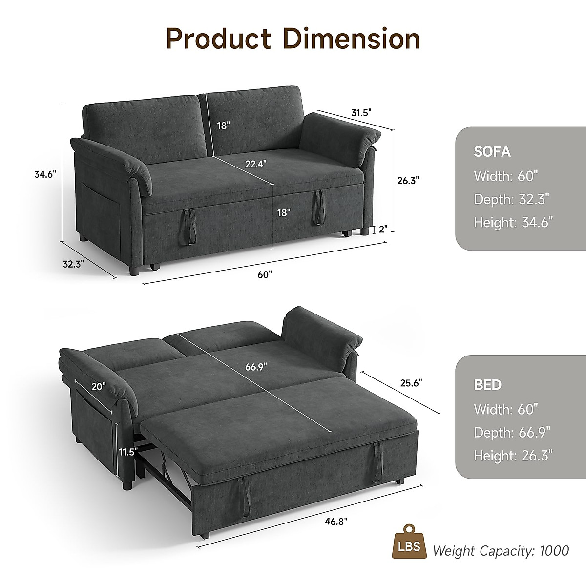 ONBRILL 60" Convertible Sofa Bed, 3 in 1 Loveseat Sleeper Sofa Couch Bed with Pull-Out Bed, Chenille Pull Out Sofa Bed w/Adjustable Backrest, Side Pockets, Black Small Couches for Living Room, Bedroom