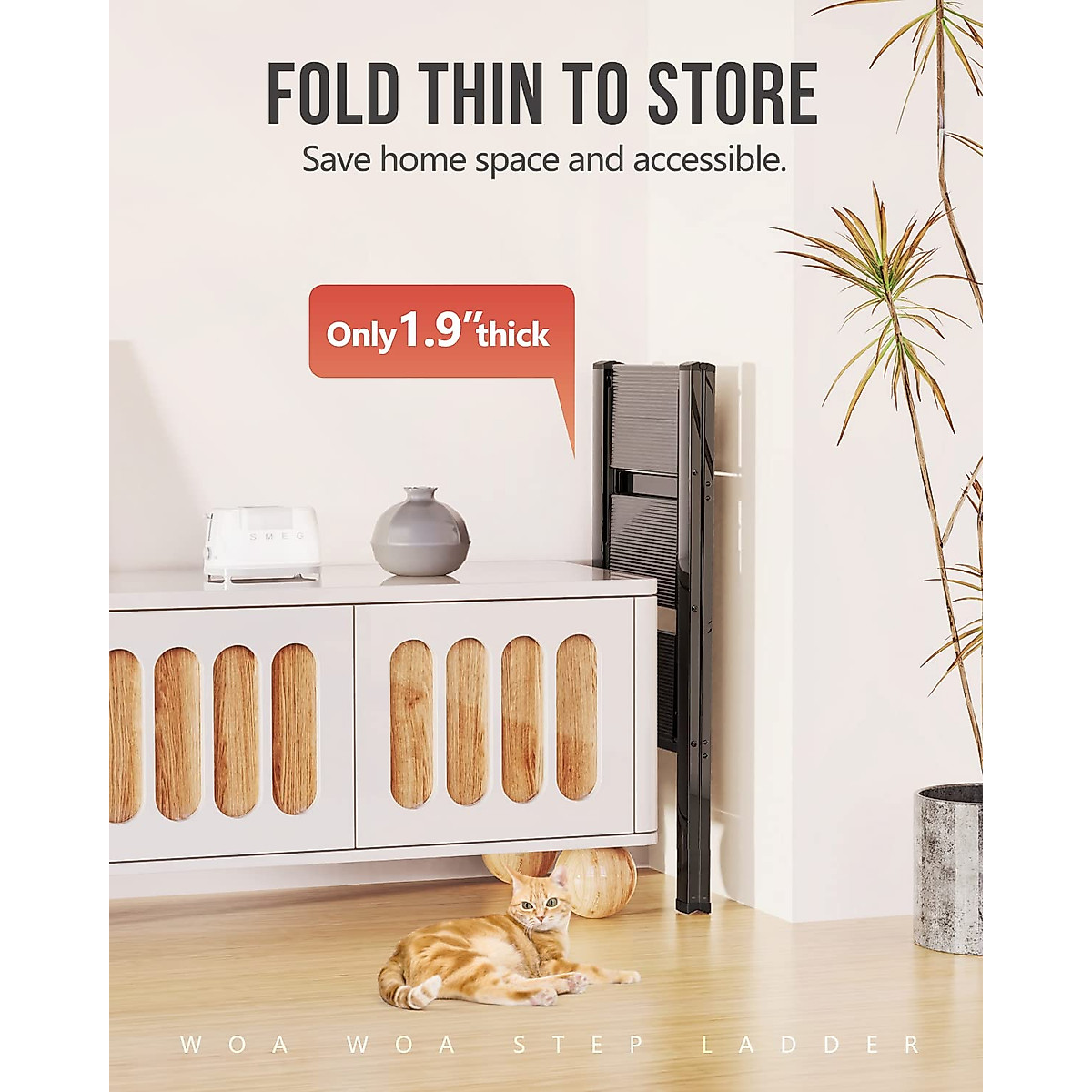 WOA WOA 3 Step Ladder, Foldable Step Stool, Aluminum Lightweight Ladder for Home Kitchen Closet, Anti-Slip Pedals, Ease of Folding, Portable, 300lbs Capacity - Black