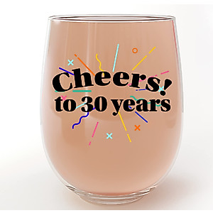 Spotted Dog Company Cheers! To 30 Years, Printed, 17oz Stemless Wine Glass, Happy 30th Birthday Gifts for Him, 30th Birthday Decor, 30th Birthday Decorations, Drinking Wine Glass Cups