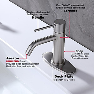 Brushed Nickel Single Hole Bathroom Faucets Single Handle, JXMMP Brushed Bathroom Vanity Sink Faucet with Pop Up Drain Assembly and 6 inch Deck Plate