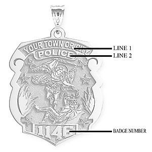PicturesOnGold.com Saint Michael Personalized Police Badge with Department & Badge Number in Solid 14k Yellow Gold, 14k White Gold or Sterling Silver (2/3 x 3/4 Inch, 14k Yellow Gold)