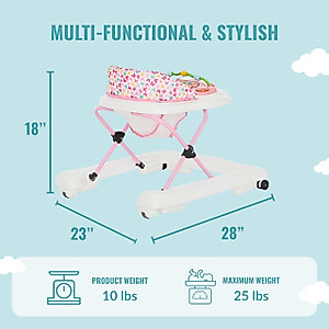 Dream On Me 2-in-1 Ava Baby Walker, Easy Convertible Baby Walker, Walk Behind, Height Adjustable Seat, Added Back Support, Detachable Slate, Spring Pink