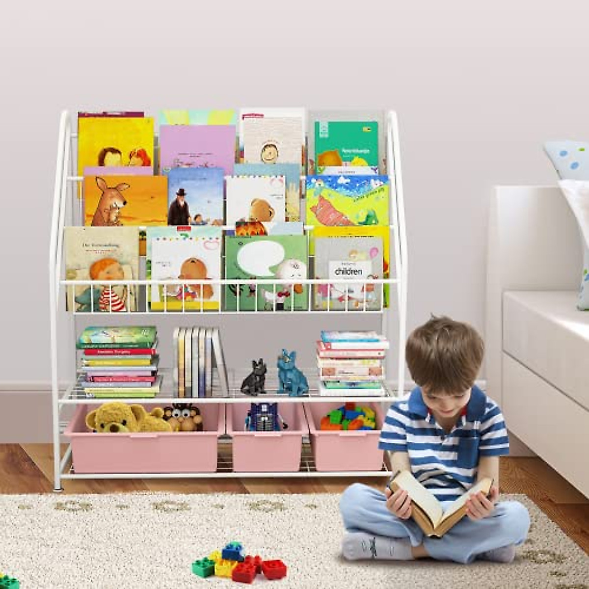 Olebes Kids Book Rack, 5 Children Sling Bookshelf, Bookcase Rack for Kid Toy Storage Organizer, Children's Display Storage Shelves for Books Toys in Study Living Room Bedroom