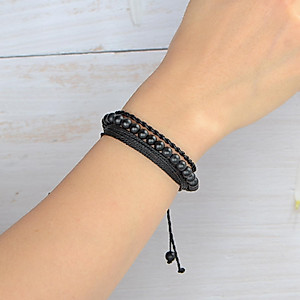 QOGIR Handmade Healing Bracelets, 6mm Matte Black Onyx Bracelet Black Beaded Bracelets for Men Women with 2PCS Size Adjustable Rope Bracelets