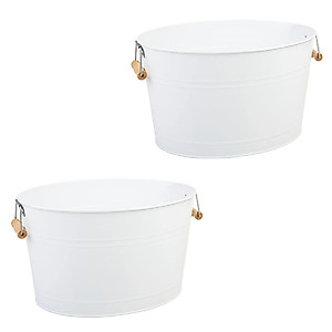 mDesign Large Metal Beverage Tub Oval Cooler for Beer, Wine, Ice, and Drinks - Portable 4.75 Gallon/18 Liter Cold Drink Trough for Parties - Steel Bin Bucket Stand with Bamboo Handles, 2 Pack, White
