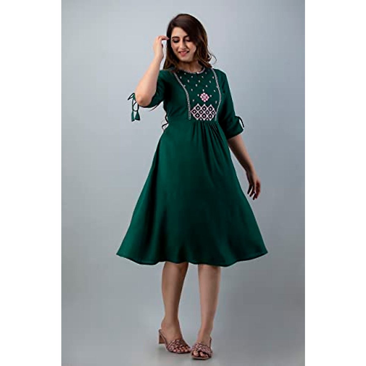 JG Rayon Maxican Embroidered Peasant Women's Anarkali Rayon Gown Kurta Flared Kurti For Women -(GREEN)
