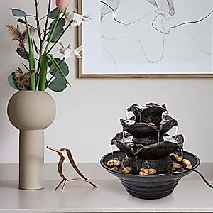 AOC 3 Tier Tabletop Fountain Indoor with LED Lights Water Fountain, Relaxation Tabletop Fountain Includes Many Natural River Rock, Mini Desktop Water Fountain for Living Room Bedroom