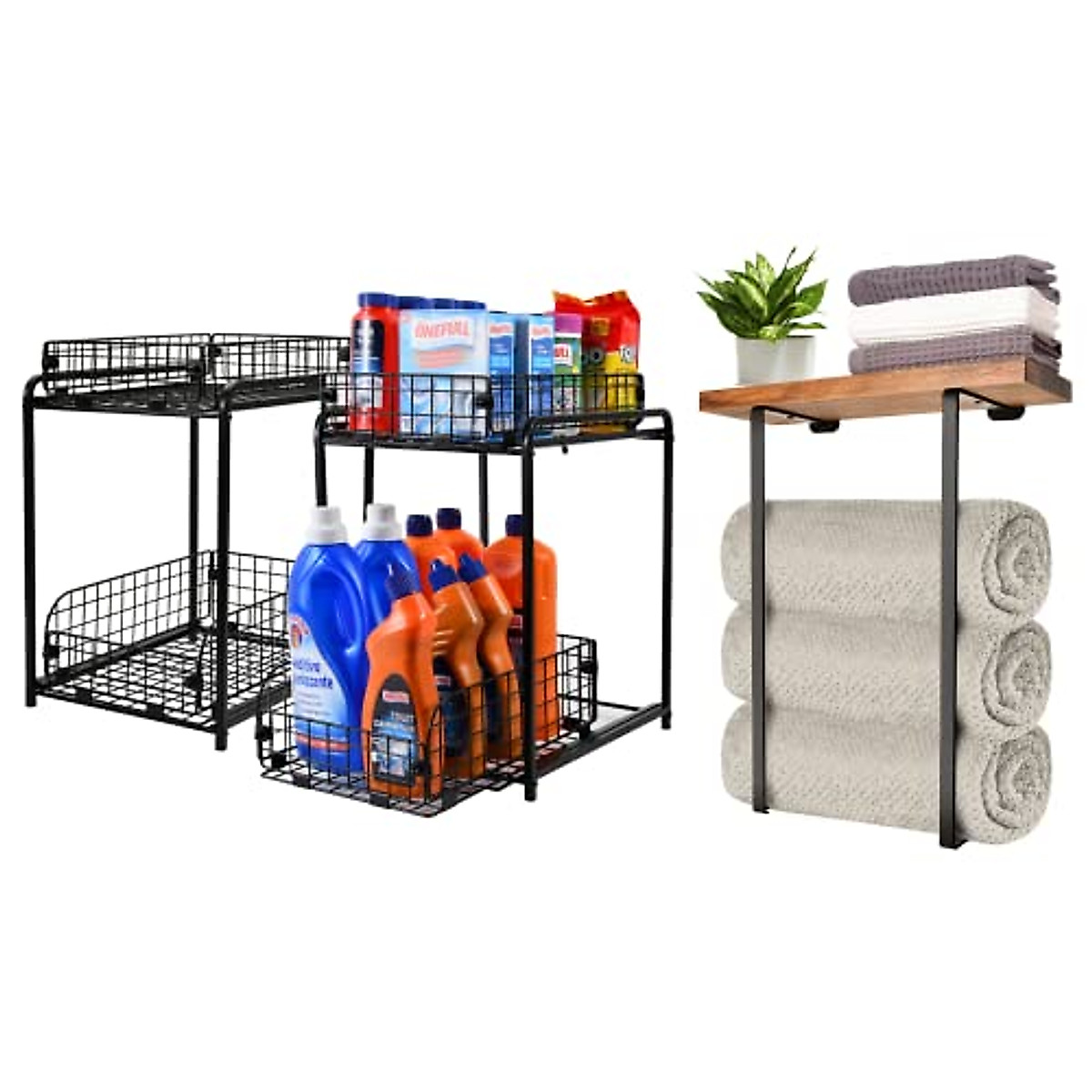 2-Pack Under Sink Organizer and Towel Rack Wall Mounted for Bathroom Decor