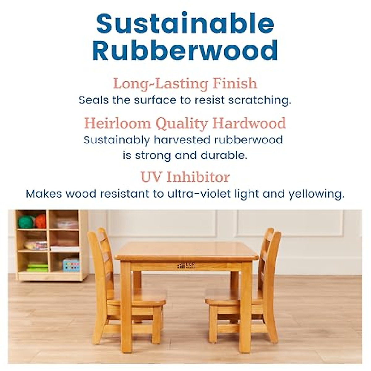 ECR4Kids Hardwood Table with 16in Legs and Two 8in Chairs, Kids Furniture, Honey