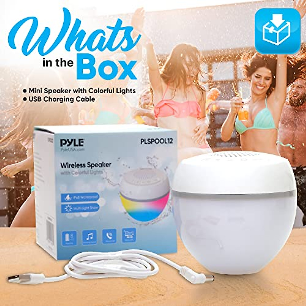 Pyle Floating Pool Speaker w/Lights Show, Waterproof Bluetooth Speaker, IP68, Crystal Clear Sound Quality, Surround Stereo Sound, Wireless 50 ft Range, for Shower, Hot Tub, Beach, Travel (White)