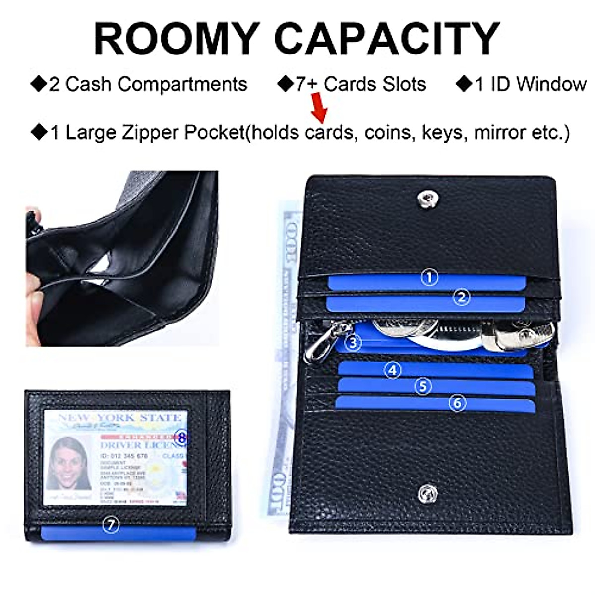 Fependu Small Wallet for Women RFID Blocking Genuine Leather Compact Bifold Pocket Ladies Wallet Zipper Mini Purse with ID Window Black