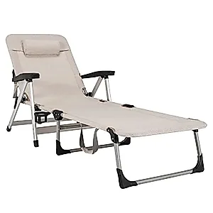 Giantex Patio Chaise Lounge Chair 7 Adjustable Position Folding Camping Cot, Outdoor Lounger with Cup Holder, Detachable Pillow, Beach Sleeping Recliner for Poolside, Lawn Sunbathing Chair (1, Beige)