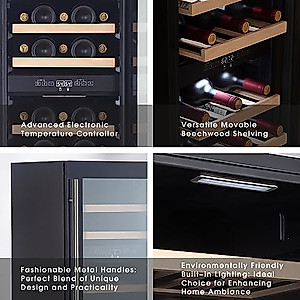 HCK Wine Fridge Dual Zone, Wine Cooler Refrigerator 15 Inch, 29 Bottle, Built-In or Freestanding Under Counter Wine Fridge with LED Light for Wine, Champagne, Home, Kitchen, Office