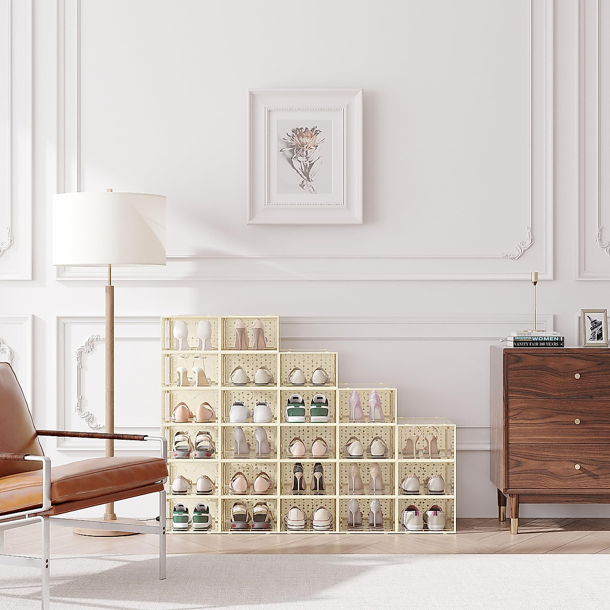 Pinkpum Clear Shoe Boxes Stackable, 12 Pack X- Large Shoe Storage Boxes Clear Stackable Foldable Sneaker Storage Fit for Size 12