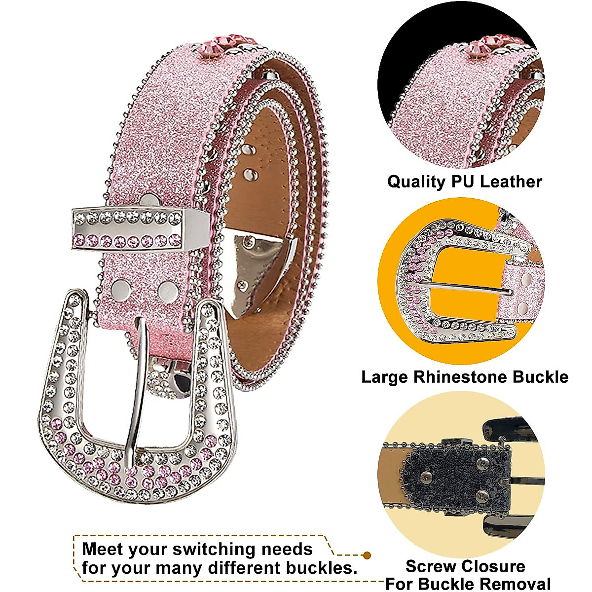 Rhinestone Belt for Men and Women, Western Cowgirl Cowboy Bling Studded Diamond Belt Faux Leather Belt for Jeans Pants Dress (Pink, Size L)