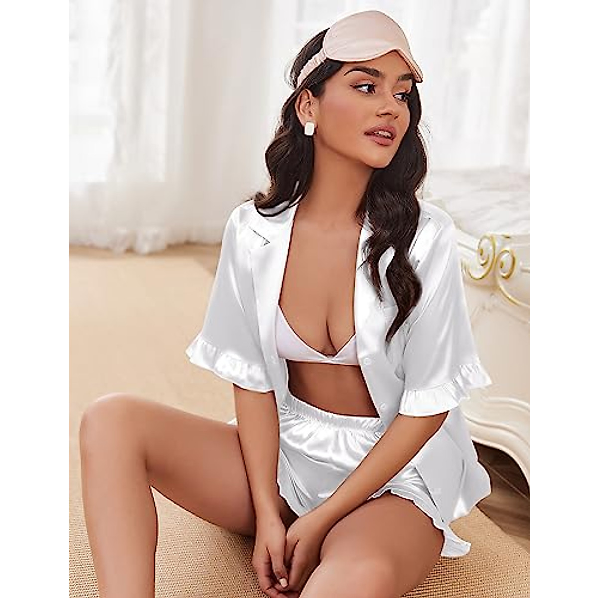 Ekouaer Pajama Sets for Women Soft Satin Sleeping Wear Summer Silky Short Sleeve Pjs Two Piece Lounge Set White,Small