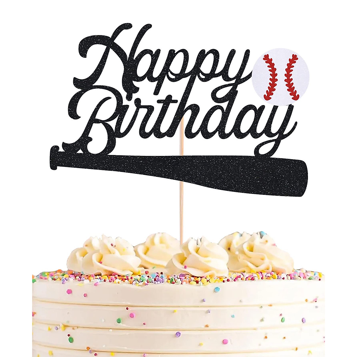 AHAORAY Baseball Happy Birthday Cake Topper - Black Glitter Baseball Party Decorations Supplies, Perfect for Birthday/Baseball Theme Party, Photo Booth Props
