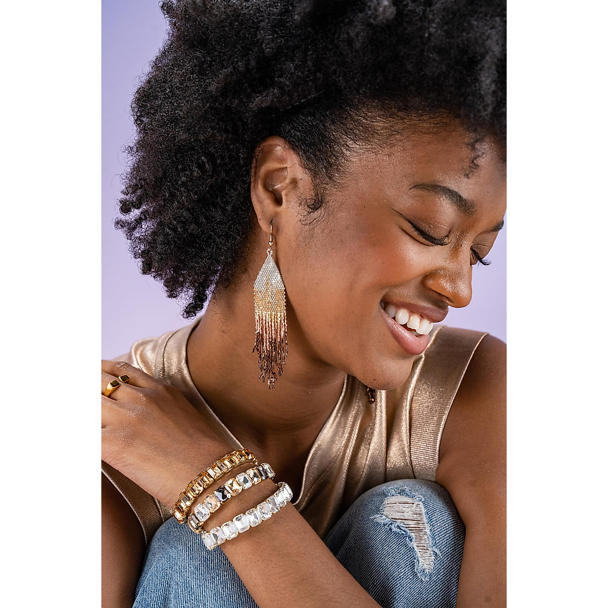 INK+ALLOY Claire Ombre Mixed Metallic 4.25-Inch Beaded Fringe Luxe Earrings Handmade Jewelry for the Modern Bohemian (Mixed Metallic)