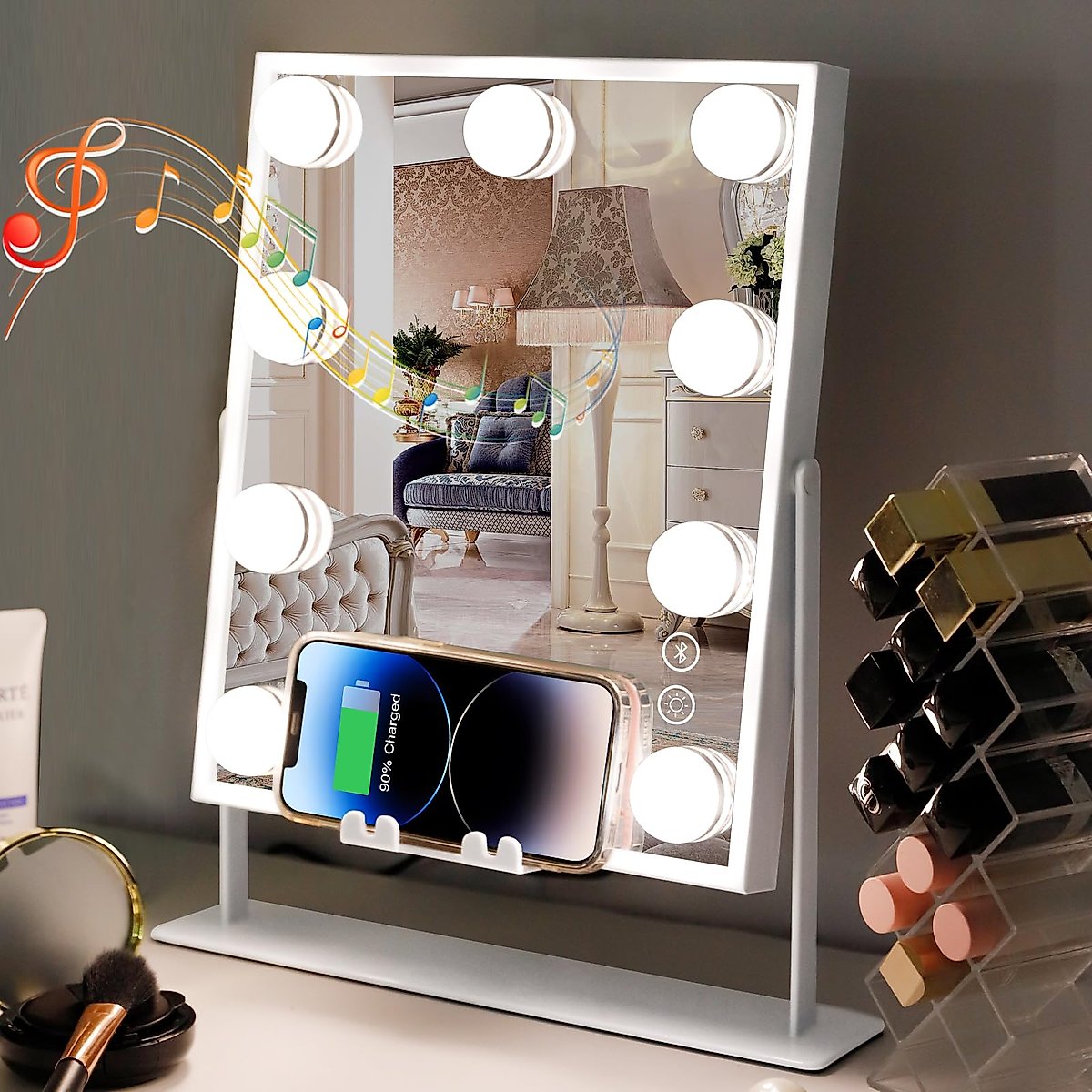 MISAVANITY Hollywood Vanity Mirror with Wireless Charging and Speaker 9.84" x11.81" Lighted Makeup Vanity Mirror with 9 Bulbs 360 Rotation 10X Magnification 3 Color Lighting Modes Mirror, White