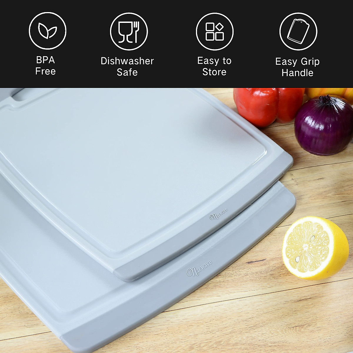 NUWAVE 2-Piece Cutting Board Set, Extra Large 18”x12”, Large 14”x10.5”, Lightweight & Easy to Store, Juice Well for No Drip Carving, Easy Grip Handle, Non-Porous Surface, BPA Free, Dishwasher-Safe