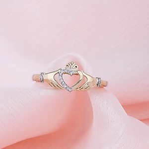 Cali Trove Irish Claddagh Ring for Women with Diamonds (Yellow Gold Plated Silver) |1/20cttw Diamond Wedding Heart Ring for her | Special Anniversary, Enagagement Gift for her | Jewelry for Women 7