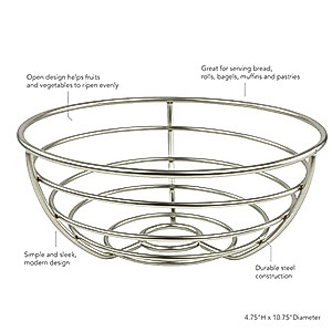 Spectrum Diversified Euro Fruit Bowl & Produce Basket Modern Countertop Food Storage for Fruits & Vegetables, Sleek Design with Sturdy Steel Construction,Silver