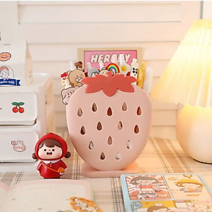 Strawberry Desk Organizer with 2 Compartments Cute Kawaii Pencil Holder Make Up Brush Holders Pen Holder for School Girls Teens Room Decor Storage and Organization (Light Pink)