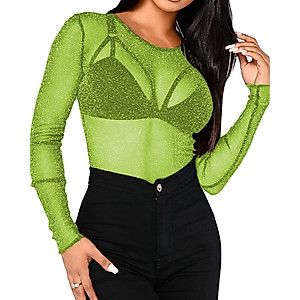 BelleLovin Women's Sheer Mesh Tops Long Sleeve Glitter Sexy Tops See Through Blouses (Neon Green, Small)