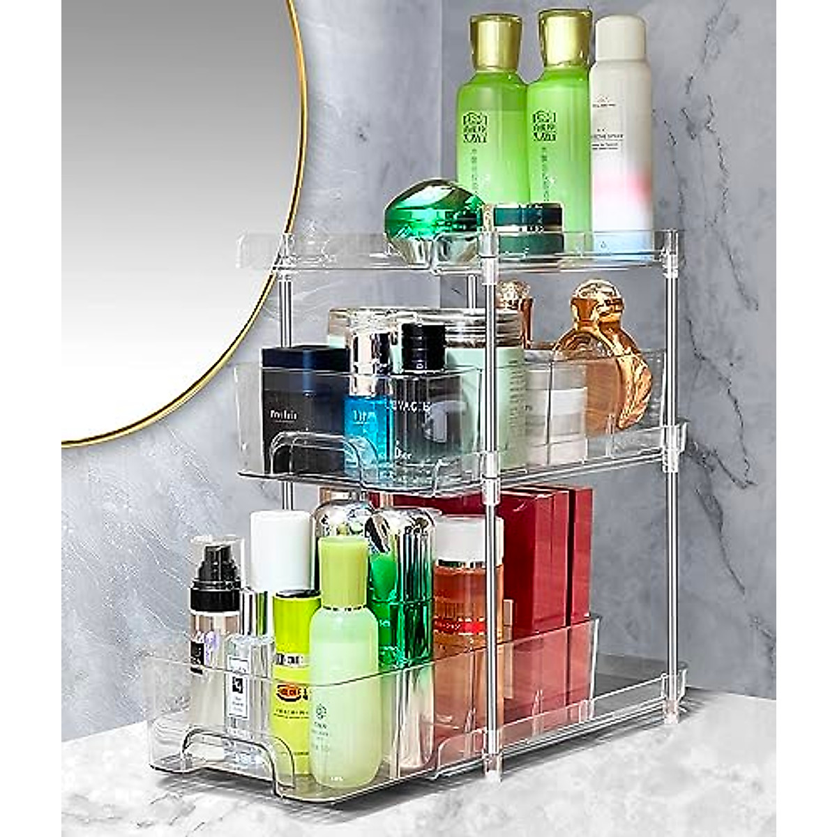 Hsuner 2 Set 3 Tier Clear Under the Sink Organizer Bathroom with Dual Pull-Out Drawers 12 Dividers, Multi-Purpose Storage for Kitchen Pantry, Vanity Skincare and Snacks, Medicine Cabinet Organizer