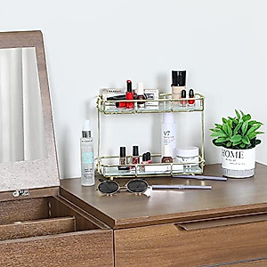 X-cosrack 2-Tier Bathroom Organizer Countertop, Bathroom Countertop Storage Shelf with Removable Marble Glass Tray, Vanity Tray Cosmetic Organizer Holder White