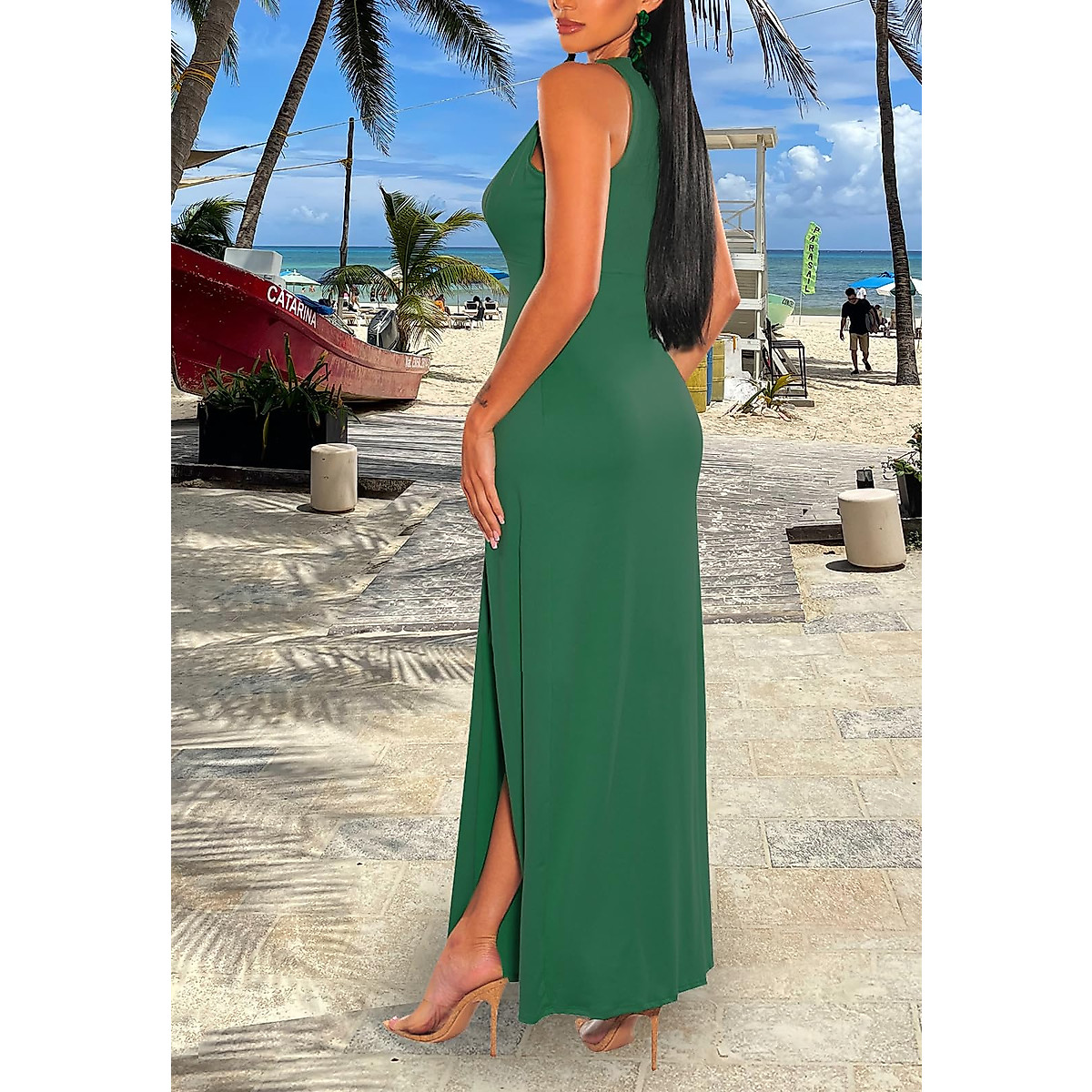 Sexy Maxi Dress for Women Sleeveless Front High Split Deep V Neck Party Long Bodycon Tank Dress