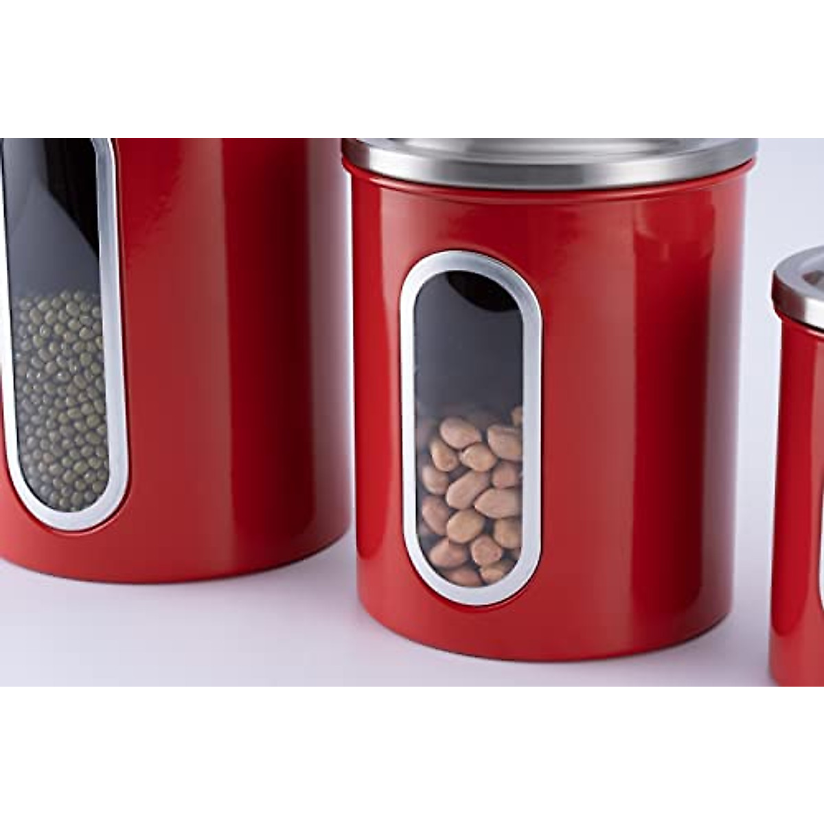 Fortune Candy Stainless Steel Canister Sets with Anti-Fingerprint Lid and Visible Window, Cereal Container Set of 3 (Raspberry Red)
