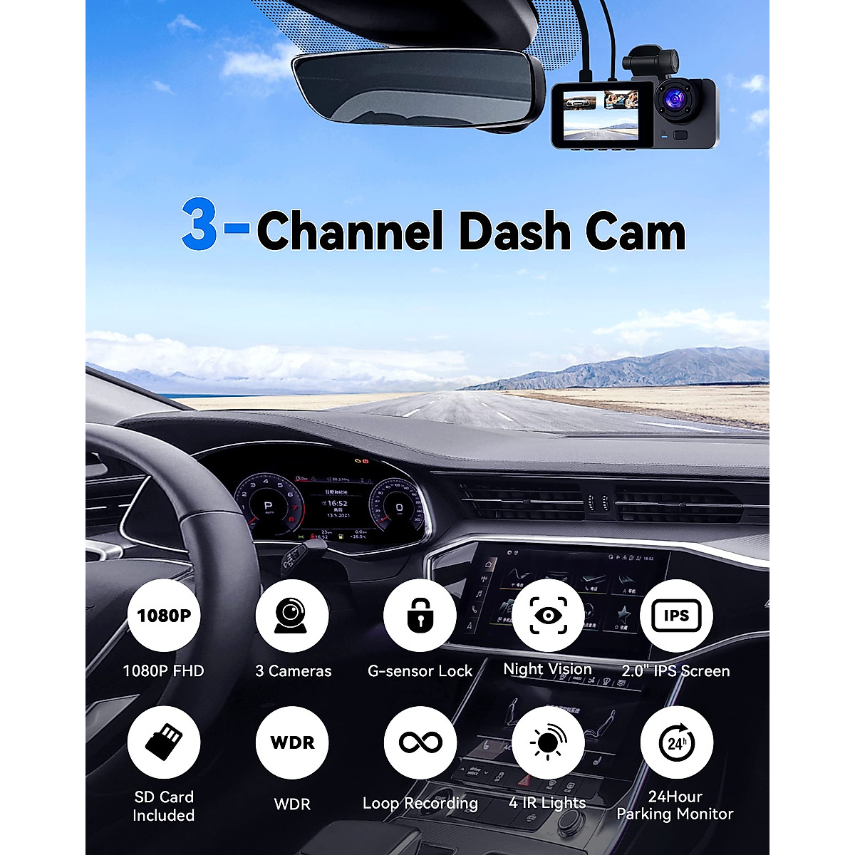 Dash Cam Front and Rear Inside, 3 Channel Dash Camera 1080P Full HD with 32GB SD Card, Car Camera with 2.0’’ IPS Screen, Night Vision, WDR, G-Sensor, Loop Recording, Parking Mode, Motion Detection