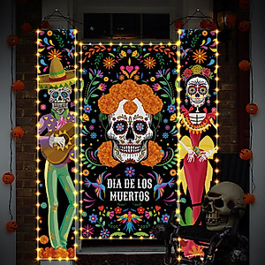 Preboun 3 Pcs Lighted Day of The Dead Porch Sign LED Mexican Halloween Decorations Dia De Los Muertos Day of The Dead Sugar Skull Marigold Flower Door Banner with Light for Halloween Party Decor