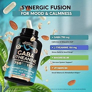 GABA L-Theanine 900 mg - Made in USA - Magnesium | Vitamin B6 - Calm, Sleep, Relaxation & Mood Support - 750 mg Gamma AminoButyric Acid, 150 mg L-Theanine - Non-Habit Forming, Vegan - 120 Capsules