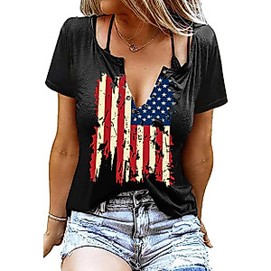 YI XIANG RAN American Flag Shirt Tops Womens 4th of July T-Shirts Ring Hole Short Sleeve Sexy V-Neck Patriotic Tees (Black1, Large)