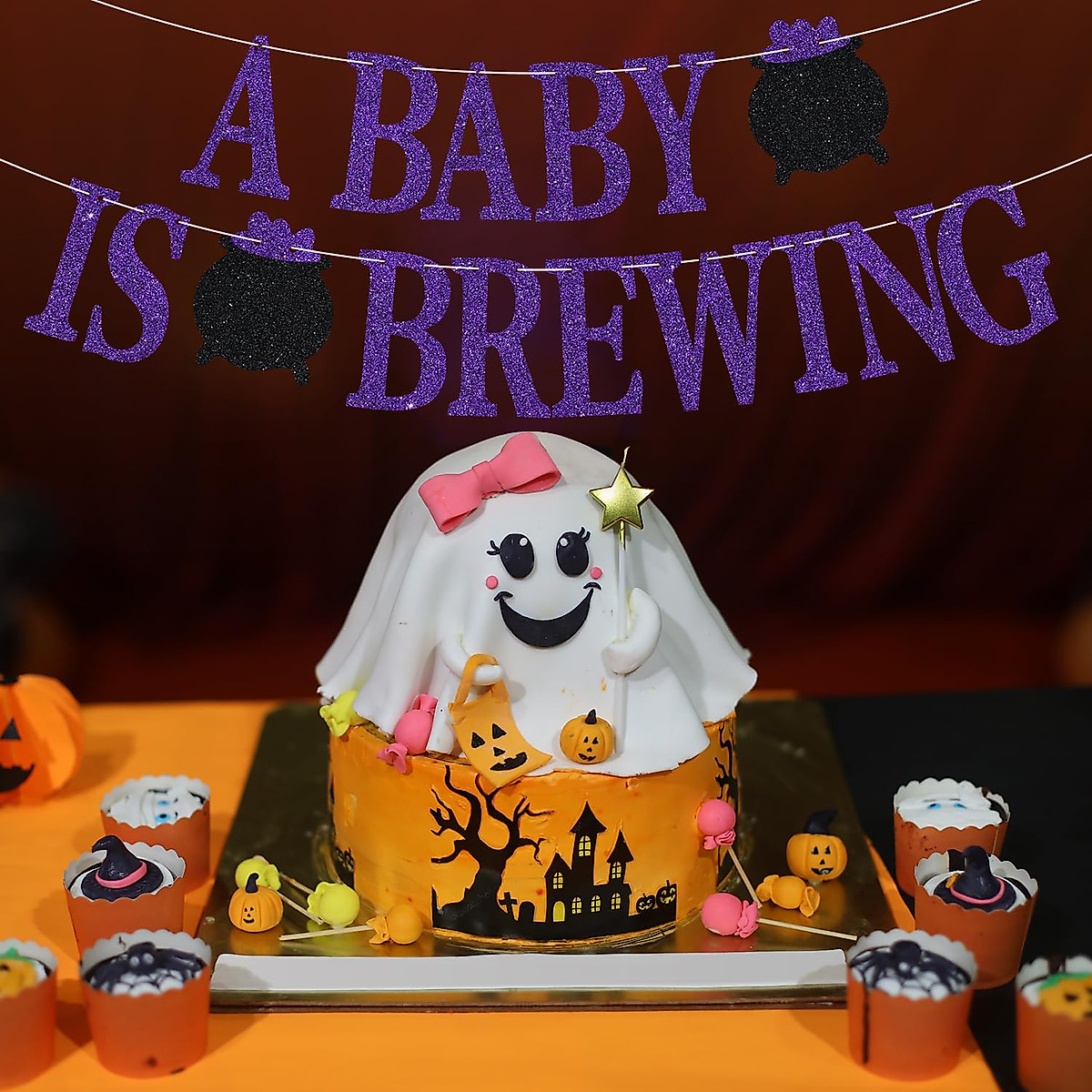 A Baby is Brewing Banner, Baby Shower, Gender Reveal Backdrop, Glittery Halloween Themed Welcome Baby Boy or Girl Party Decorations