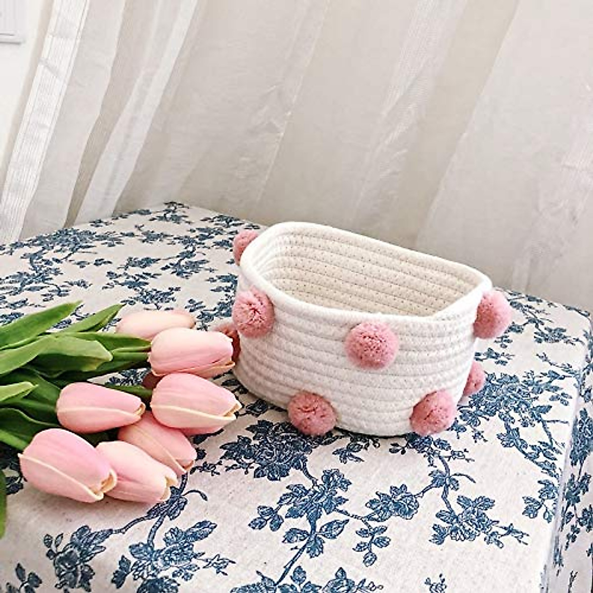 pizarra Cotton Woven Storage Basket Cute Pompom Decor Sundries Finishing Box Nordic Cosmetic Toys Organizer Pink S