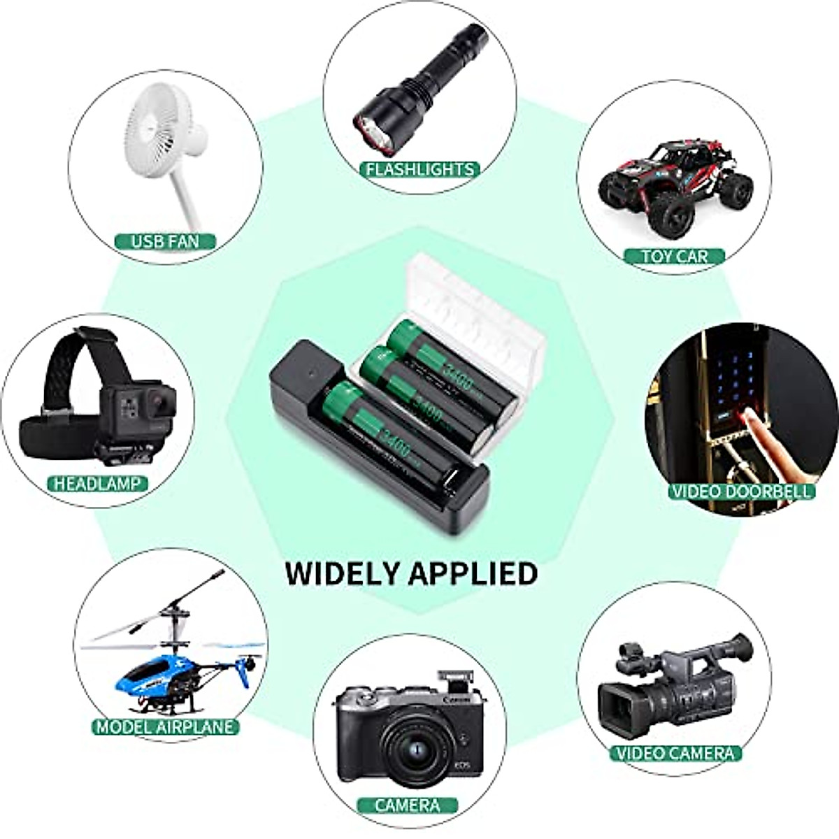 MUSIBEAUTY Universal 18650 Charger Battery with Rechargeable Battery 3.7V 3400mAh (4 Pack) for Doorbells, Flashlights, Headlamps, Cameras, Toys, and Remote Controls