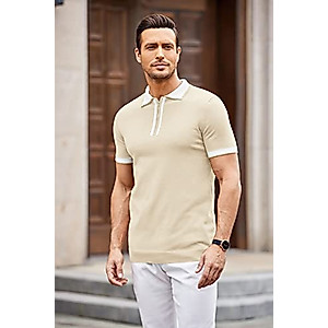 COOFANDY Mens Zipper Polo Shirt Short Sleeve Muscle Polo Shirt Golf Polo T Shirt Cream Color