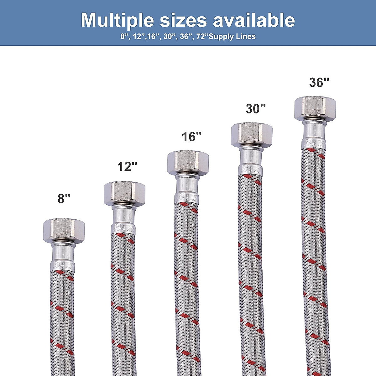 ARCORA 16-Inch Length Faucet Hose Connector Braided Stainless Steel cUPC Supply Lines 1/2-Inch FIP x 1/2-Inch FIP Faucet Hose Replacement 1 Pair