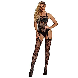 DMLBC Women Fishnet Bodysuits,Sexy Mesh Babydoll,Women's Floral Lace Lingerie,Bodysuit Dress,One Piece Babydoll One Size (w287 black, Large)