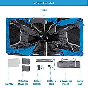 CORE 12 Person Instant Cabin Tent with LED Lights | Large 3 Room Family Lighted Pop Up Tent for 2 Minute Camp Setup | Included Storage Pockets for Camping Accessories