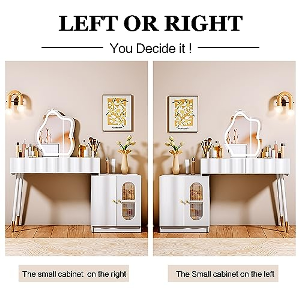 Chrangmay Modern Vanity Desk with Mirror and LED Lights,Retractable Makeup Vanity with 2 Wave Drawers & Cabinet,Writing Desk,for Bedroom,Bathroom, Gift for Girls and Women,White