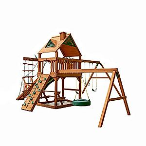 Gorilla Playsets 01-0004-AP Frontier Wood Swing Set with Wood Roof, Tire Swing, Two Belt Swings, Picnic Table, Sandbox, Rock Climbing Wall, Amber