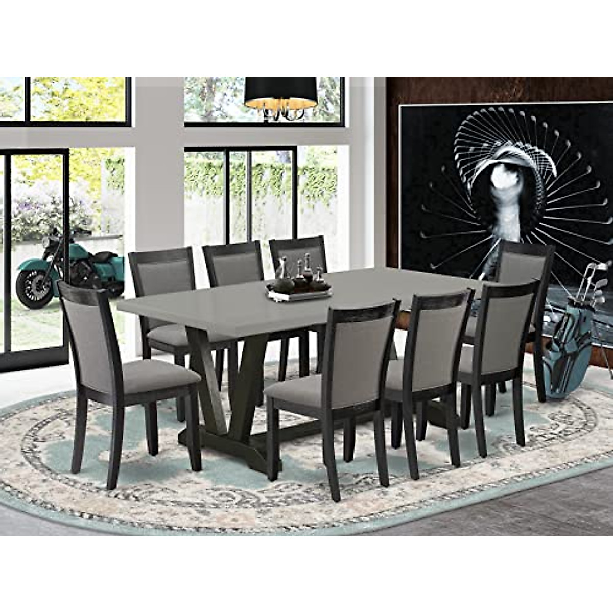East West Furniture V697MZ650-9 9 Piece Kitchen Table Set Includes a Rectangle Dining Table with V-Legs and 8 Dark Gotham Grey Linen Fabric Parson Dining Chairs, 40x72 Inch, Multi-Color