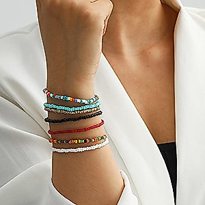 Xerling 7Pcs Bohemian Colorful Beaded Bracelets for Women Girls Aesthetic Beads Elastic Stretch Beaded Bracelet Set Multiple Layered Wrap Bangle Bracelet