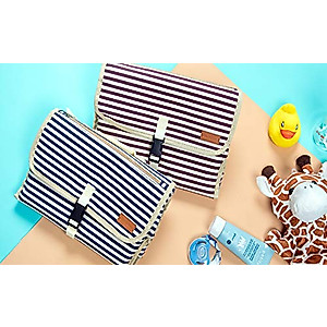 Simple Being Portable Changing Pad, Travel Diaper Canvas Clutch Mat, Diaper Bag Essential with Storage Pockets for Wipes and a Supportive Foam Head Pillow Padding (Navy Stripe)