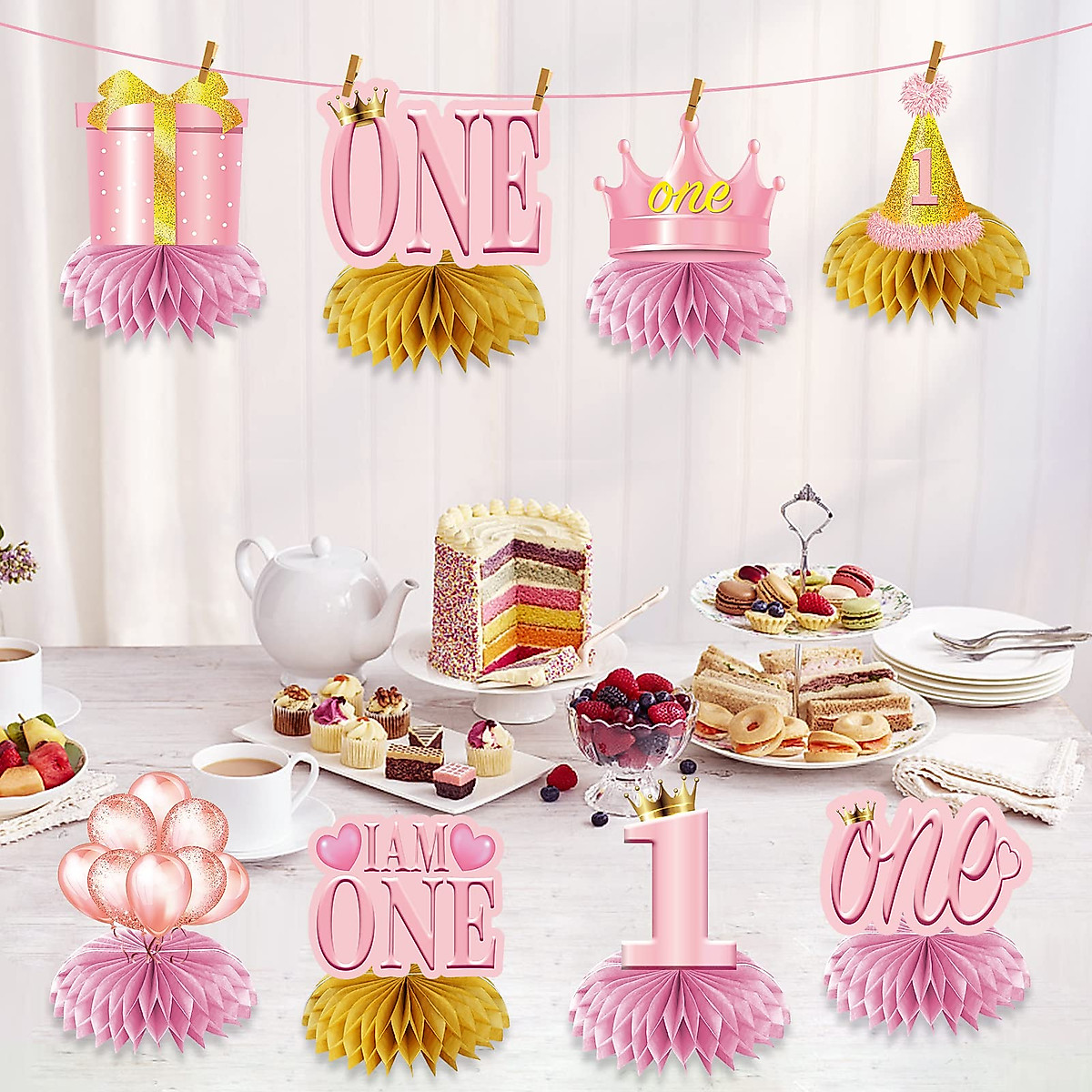 8Pcs 1st Birthday Decorations Honeycomb Centerpieces for Baby Girls, Pink Rose Gold I Am One Happy First Birthday Table Centerpieces Party Supplies, One Year Old Bday Table Toppers Decor